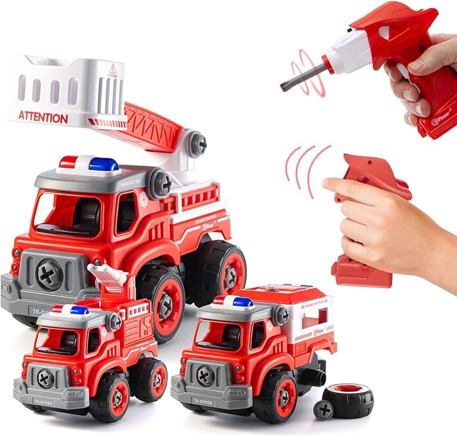 Top Race Firetruck Toy with Battery Powered Drill – Heavy Duty 3-in-1 ...