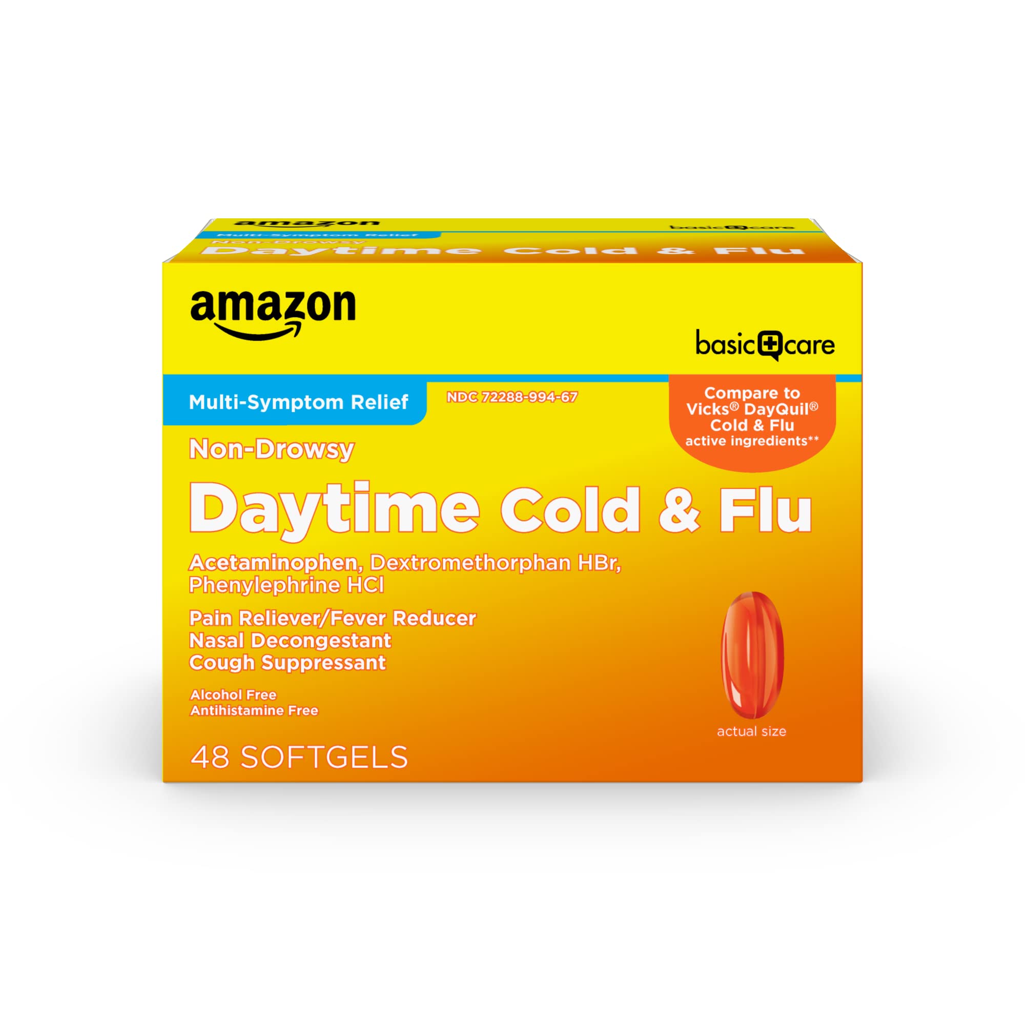 Amazon Basic Care Daytime Cold and Flu Relief Liquid Caps Softgel, Non ...